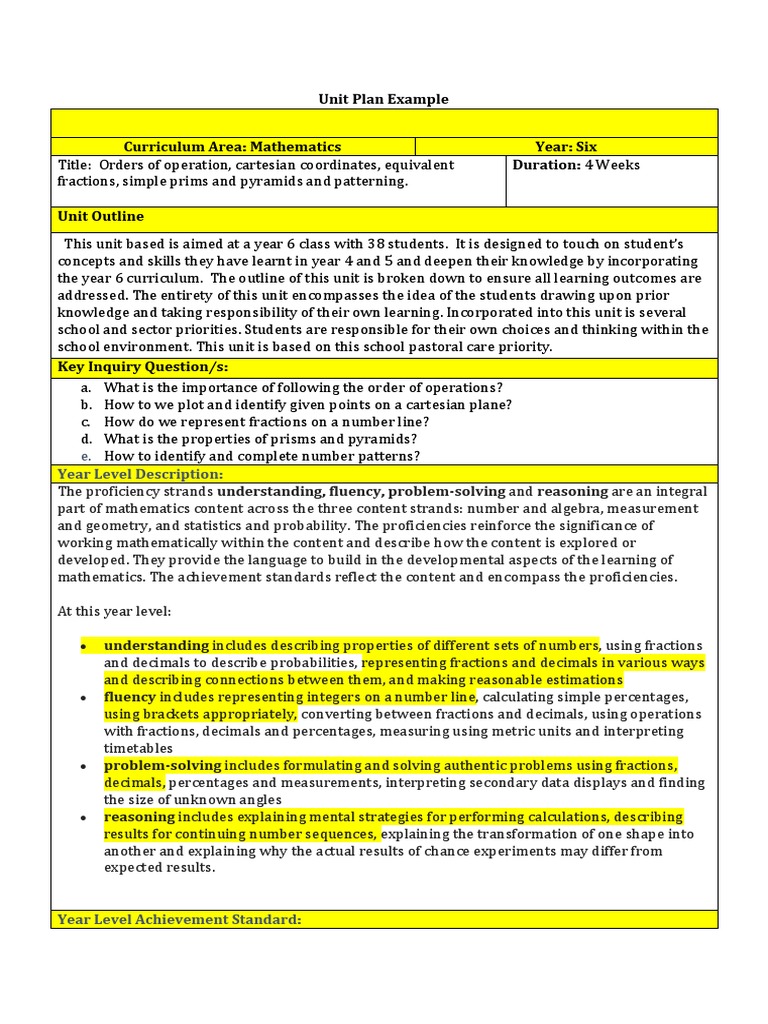 unit plan example | Fraction (Mathematics) | Numbers