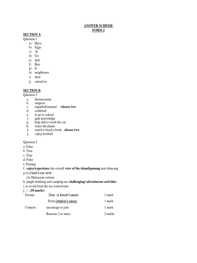 ANSWER SCHEME Form 2 2014 | PDF | Vocabulary | Punctuation