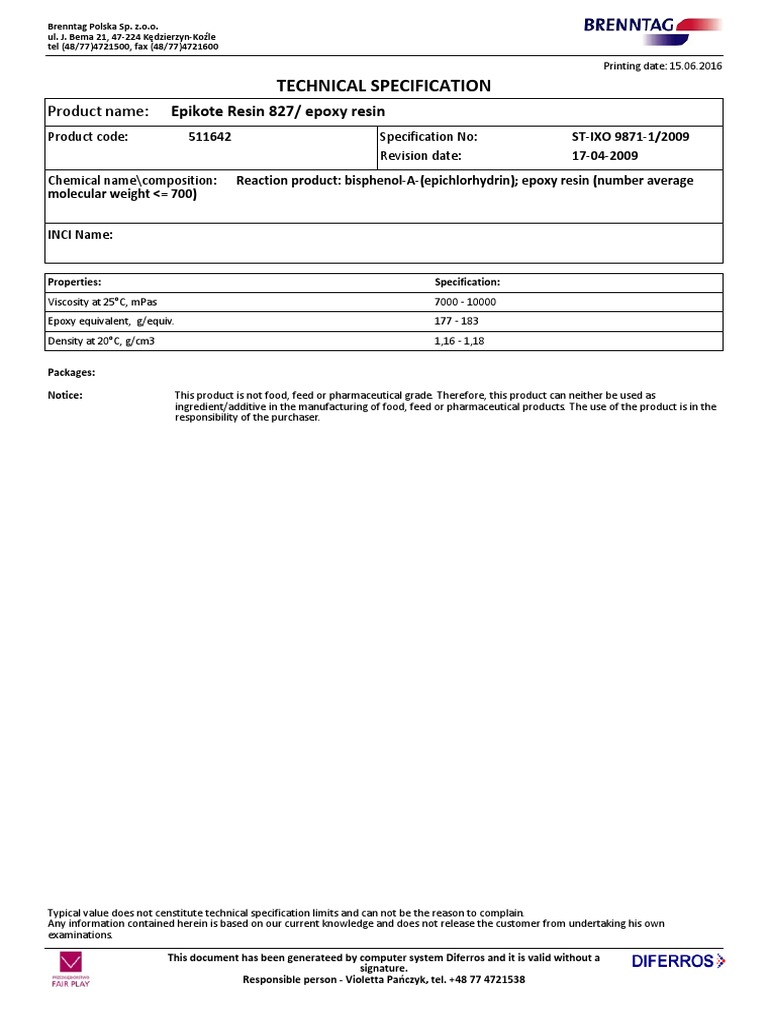Technical Specification Epoxy Resin | PDF