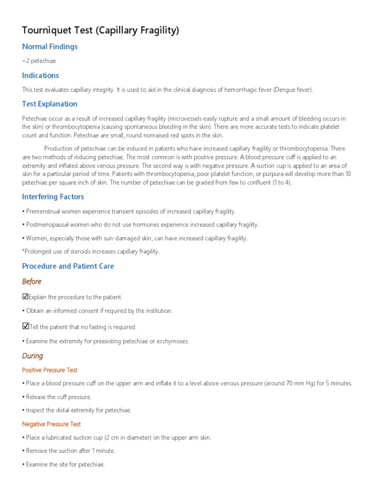 Tourniquet Test (Capillary Fragility) : Normal Findings Indications ...