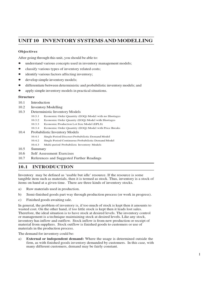Unit 10 Inventory Systems and Modelling: Objectives | PDF | Inventory | Standard Deviation