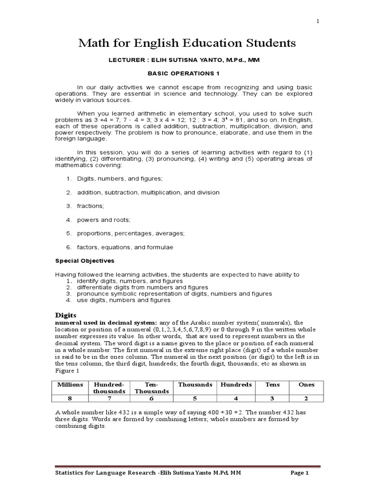 Basic Math Operations in English | PDF | Numbers | Integer