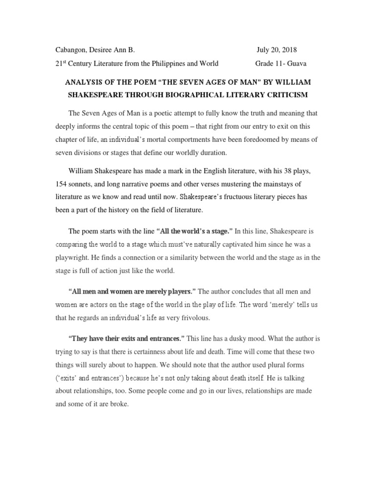 Analysis of The Poem "The Seven Ages of Man" by William Shakespeare ...