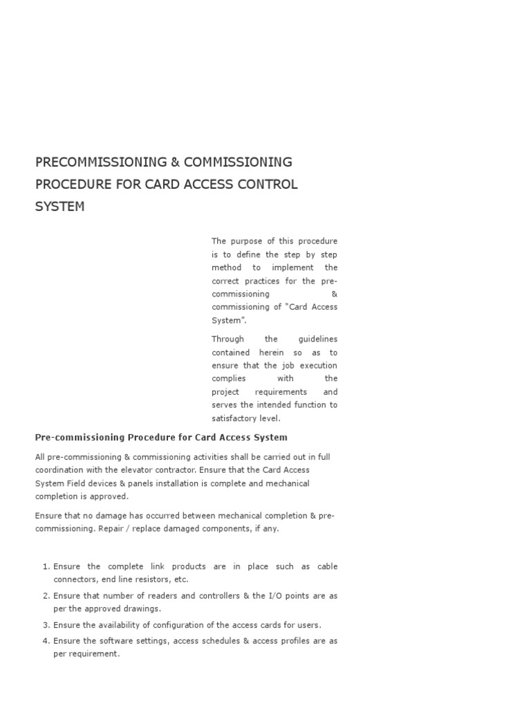 Pre-Commissioning & Commissioning of Card Access Control System | PDF ...