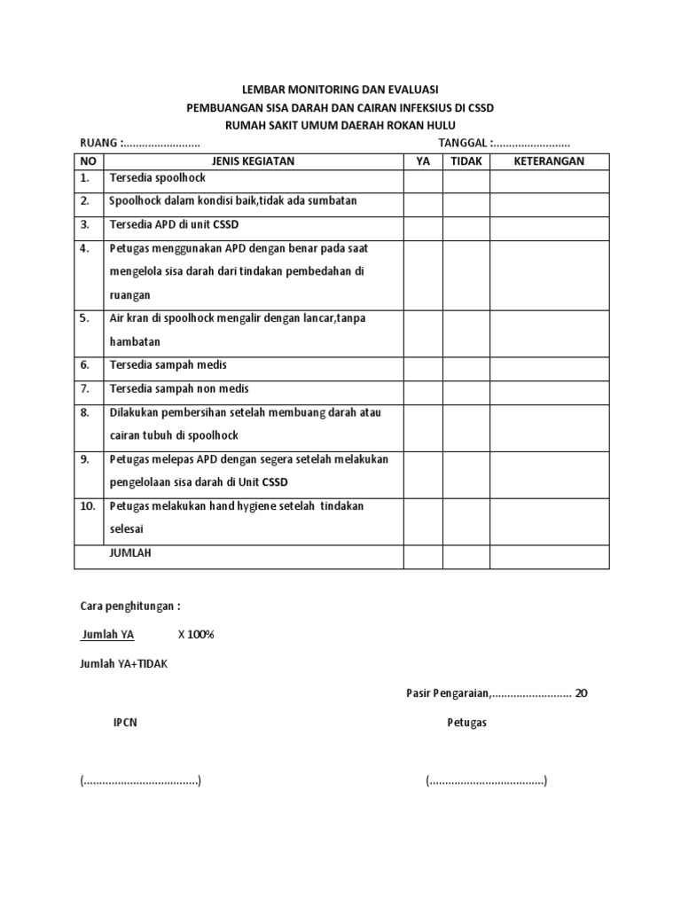 Lembar Monitoring Dan Evaluasi Pembuangan Sisa Darah Dan Cairan ...