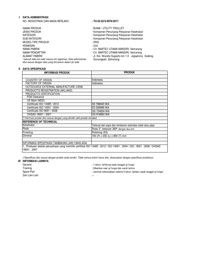 Spesifikasi Utility Trolley BUMA | PDF