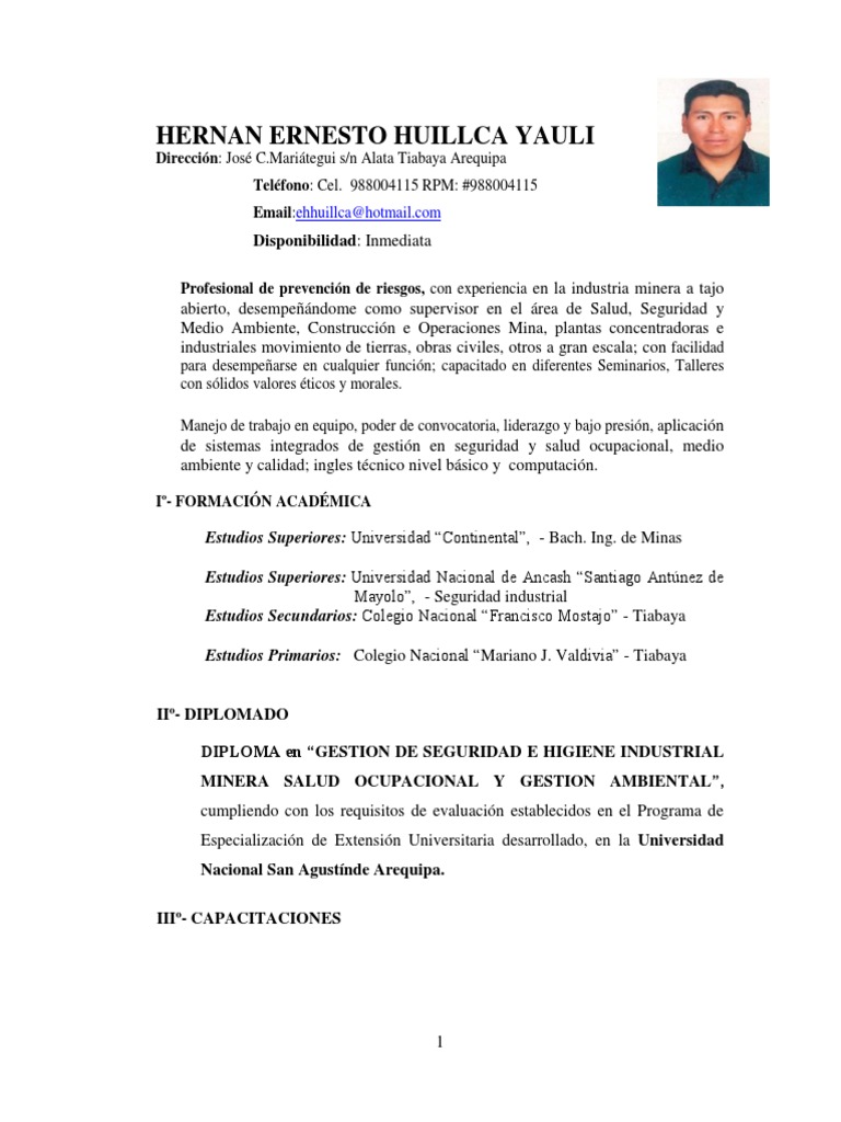Curriculum Vitae - Hernan Huillca | Descargar gratis PDF | Minería | Educación avanzada