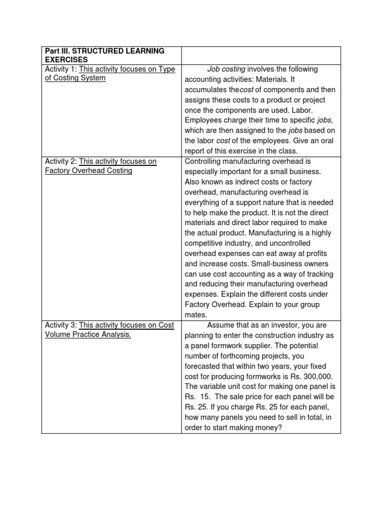 Part Iii. Structured Learning Exercises: Job Costing Involves The ...