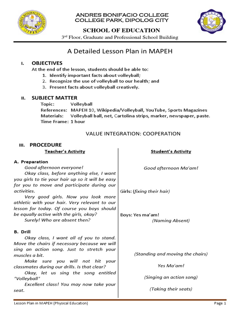 Detailed Lesson Plan in MAPEH (Volleyball) Grade-8 Q1 | PDF | Sports