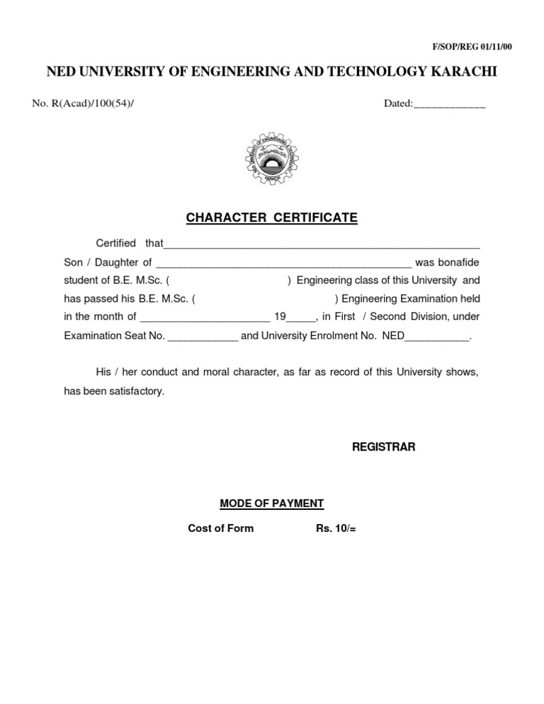 NED University Character Certificate Format | PDF