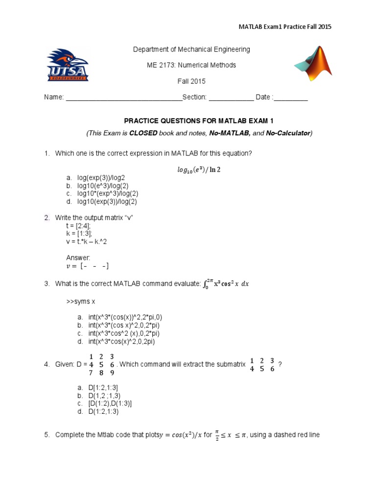 This Exam Is CLOSED Book and Notes, No-MATLAB, and No-Calculator | PDF ...