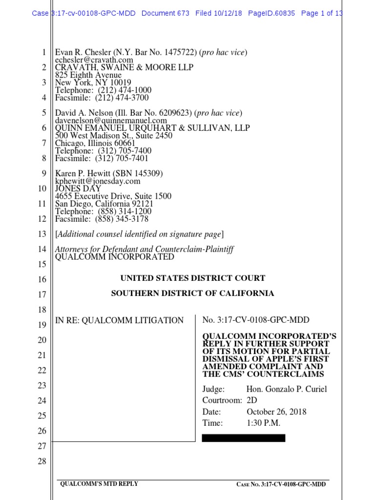 Qualcomm's Motion to Dismiss Apple's Patent Claims | PDF | Declaratory Judgment | Patent