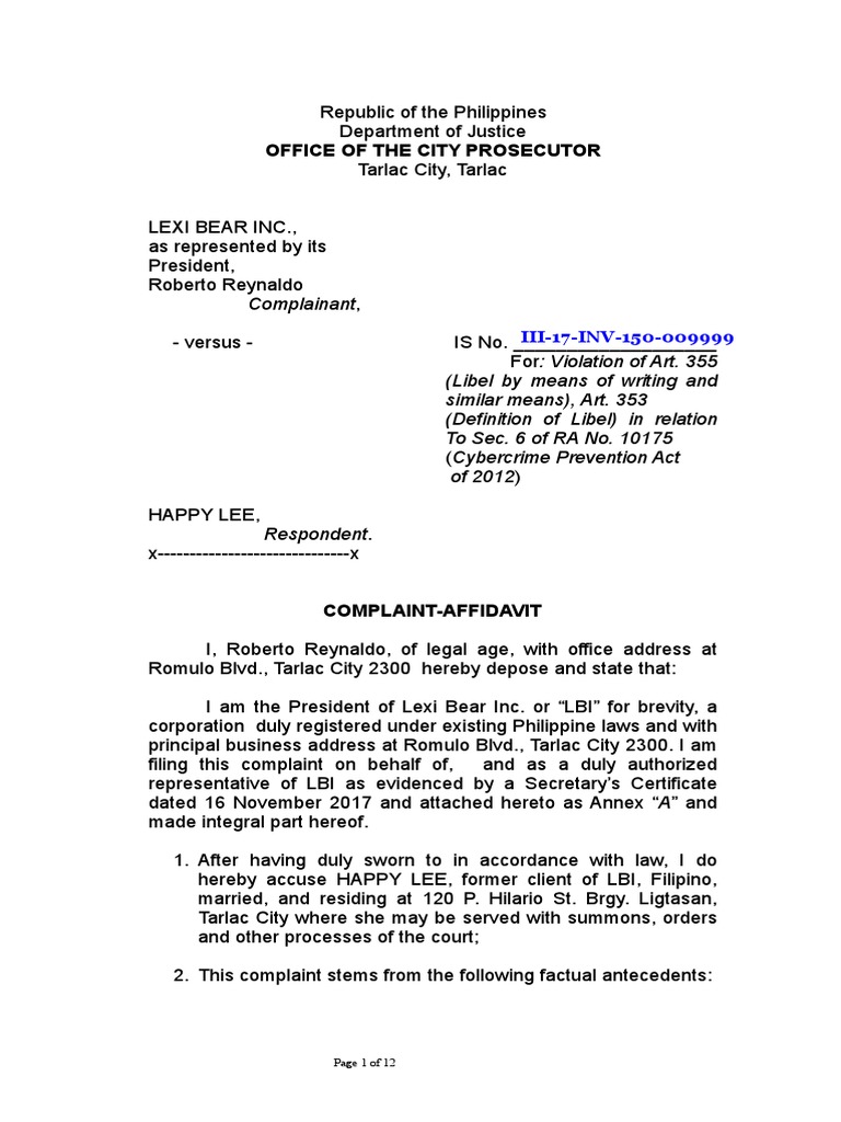 Libel Complaint Lexi Bear Vs Happy Lee | PDF | Defamation | Affidavit