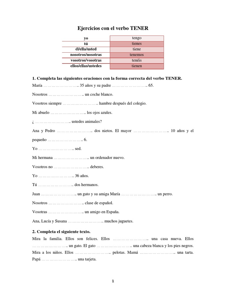 Ejercicios Con El Verbo TENER | PDF