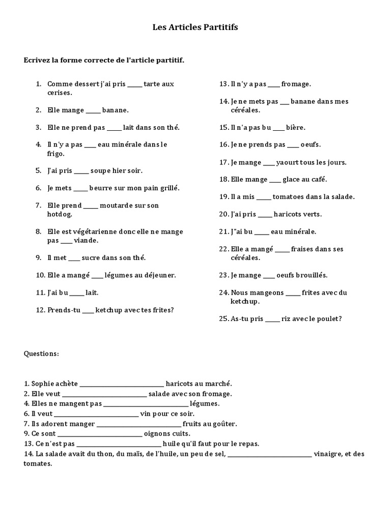 Les Articles Partitifs Exercices | PDF | Ketchup | Cuisine