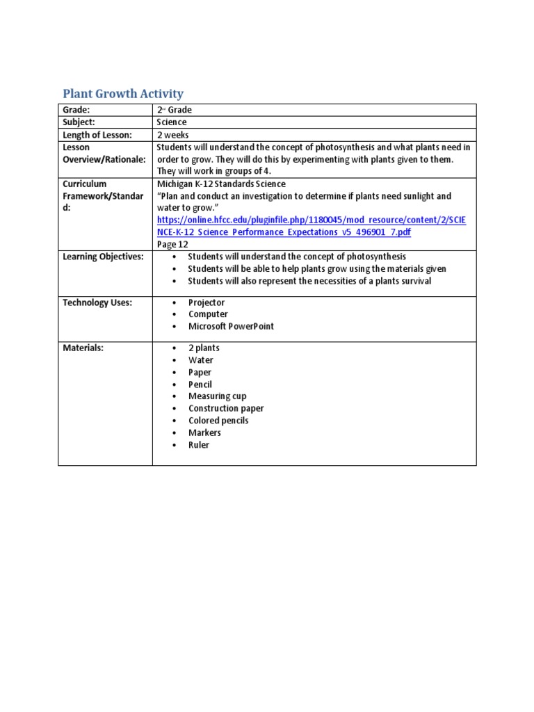 Plant Growth Activity and Rubric | PDF | Plants | Teachers