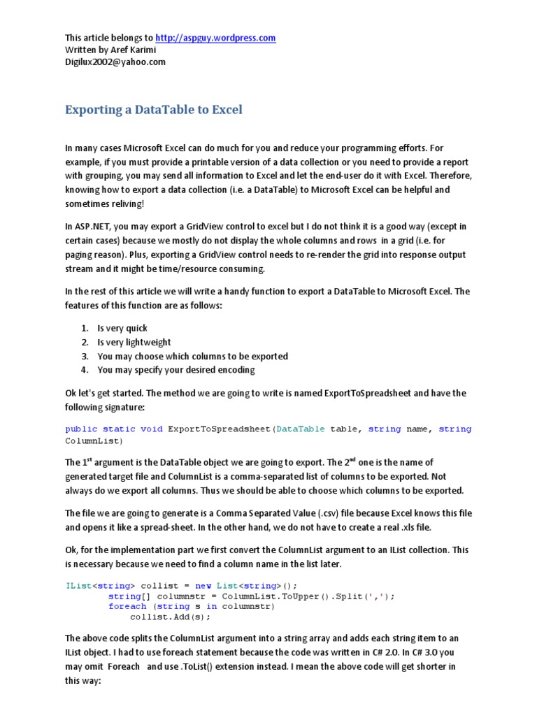 Exporting A DataTable To Excel | PDF | String (Computer Science) | Microsoft Excel