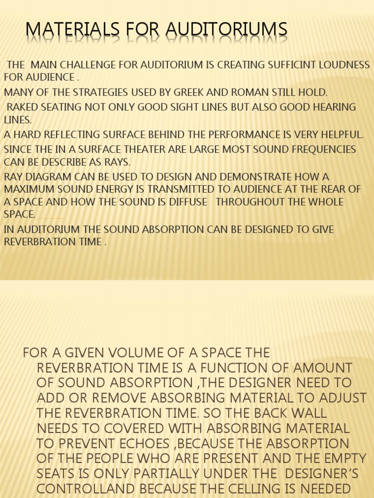 Auditorium Acoustic Material Overview | PDF | Flooring | Stairs