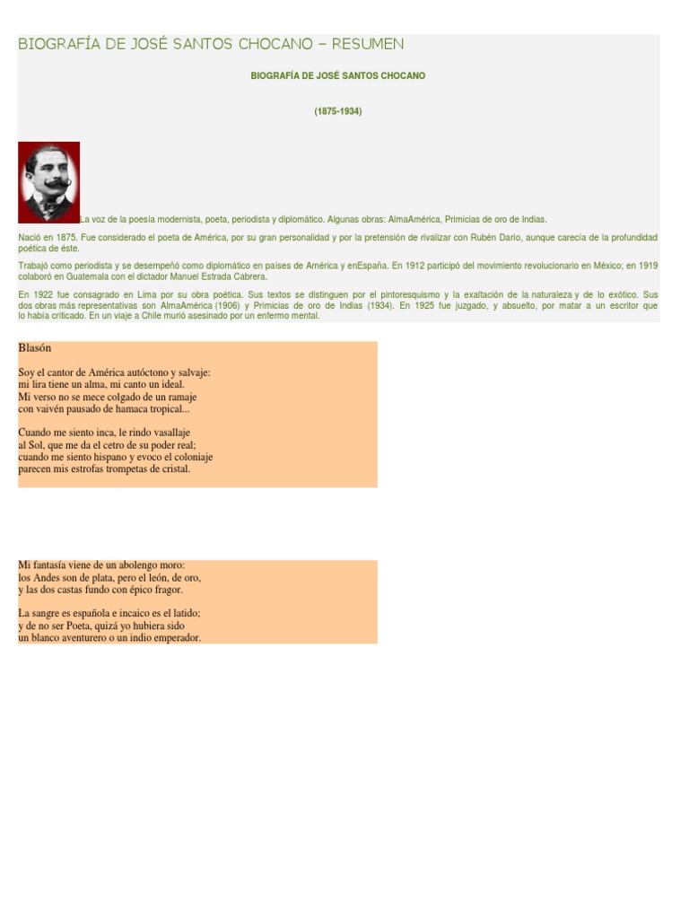 Biografía de José Santos Chocano | PDF | Poesía