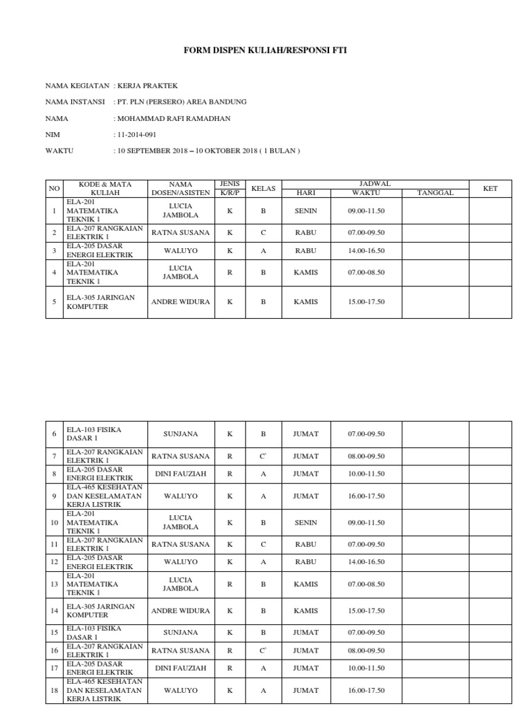 Form Dispen Kuliah/Responsi Fti | PDF