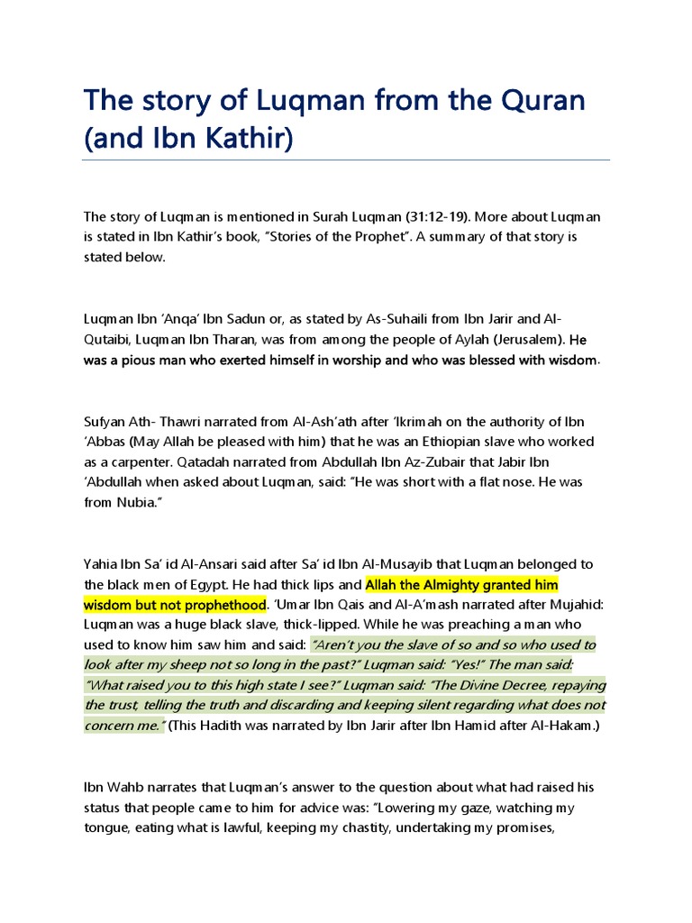 The Story of Luqman From The Quran | PDF | Prophets And Messengers In ...