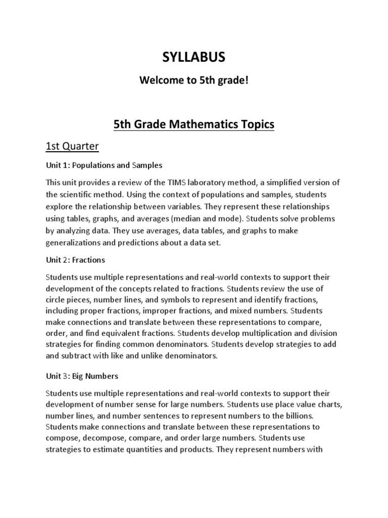 5th Grade Syllabus 2018-2019 | PDF | Fraction (Mathematics) | Ratio