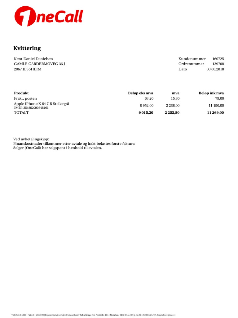 OneCall Nettbutikk Kvittering | PDF