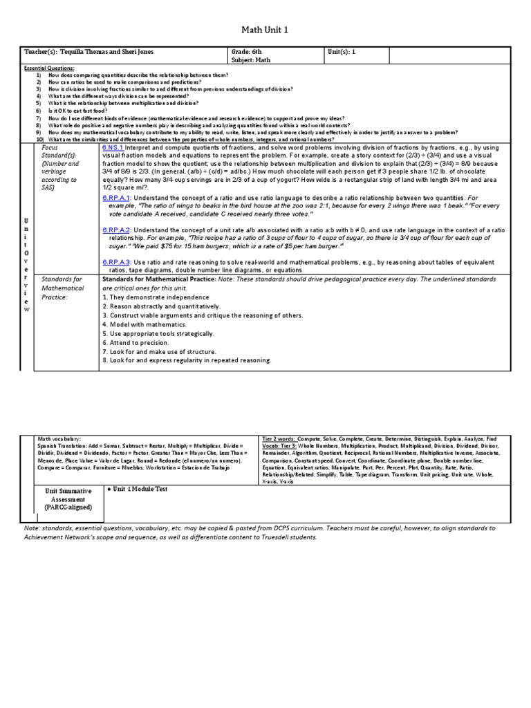 Math Unit 1: Essential Questions | PDF | Division (Mathematics ...