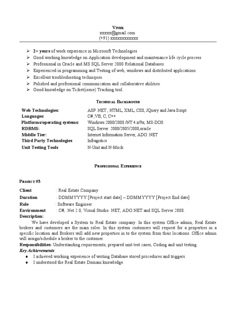 Net Experience Resume Sample | PDF | Microsoft Visual Studio ...