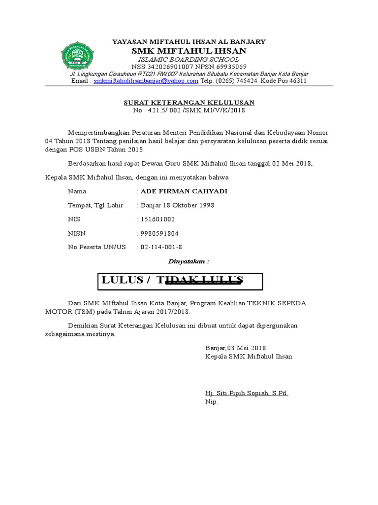 Surat Keterangan Kelulusan SMK 2018 | PDF