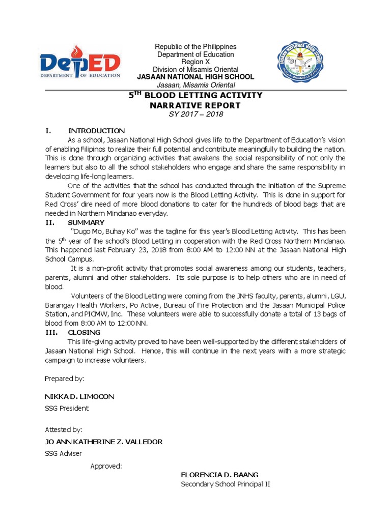 5 Blood Letting Activity Narrative Report: Jasaan National High School ...