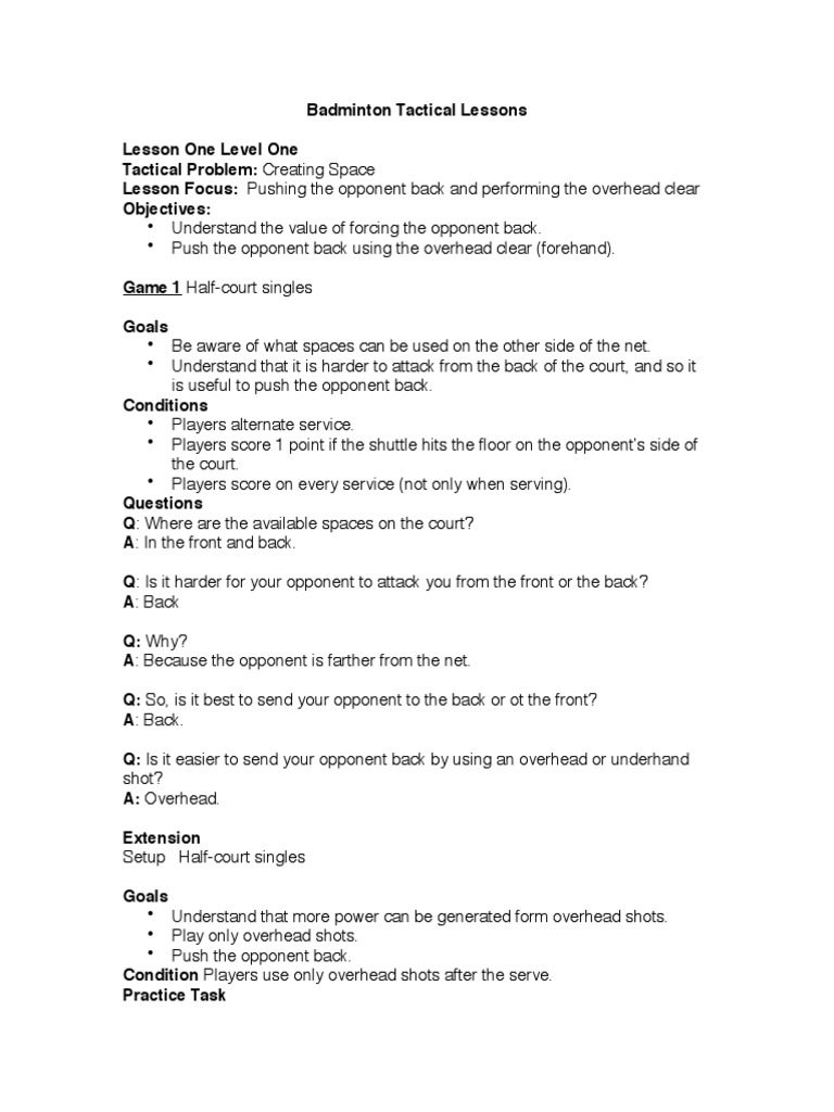 Badminton Tactical Lessons | PDF | Games Of Physical Skill | Sports
