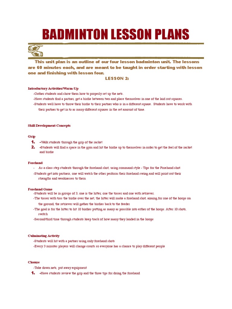 Badminton Lesson Plans | PDF | Team Sports | Games Of Physical Skill