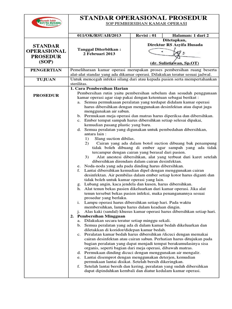 SOP Pembersihan Kamar Operasi | PDF