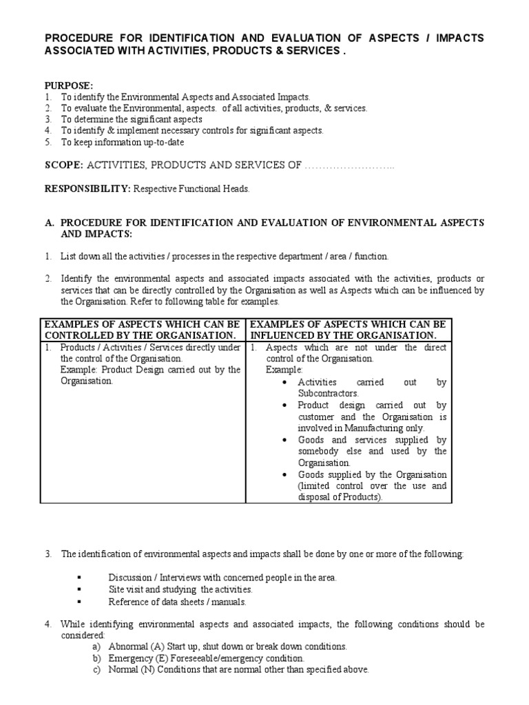 Aspect Impact Evaluation Procedure. | Environmental Impact Assessment ...