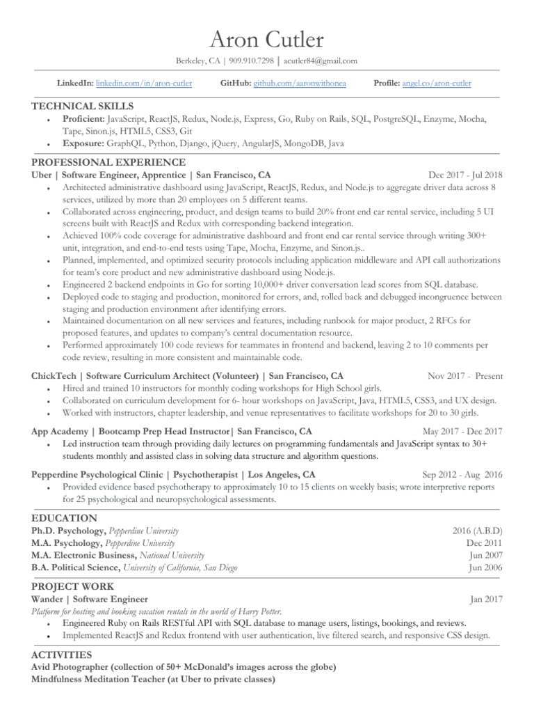 Aron Cutler: Technical Skills | PDF | Ruby On Rails | Java Script