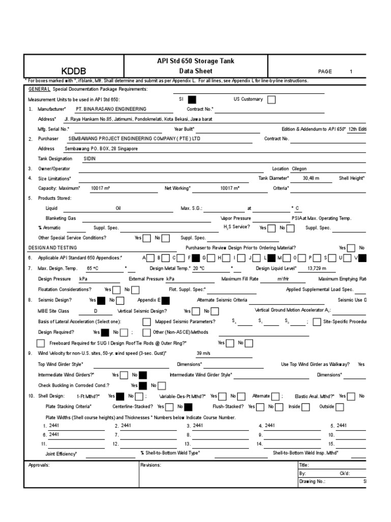 API STD 650 Storage Tank Data Sheet: GENERAL Special Documentation ...