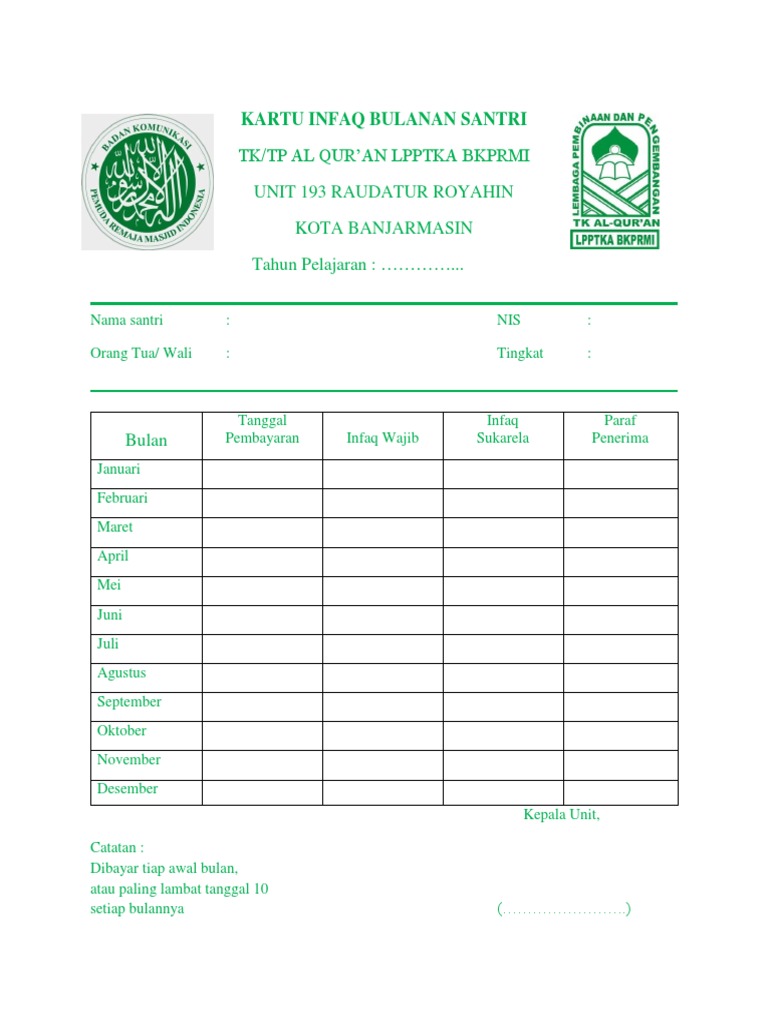 Kartu Infaq Bulanan Santri | PDF