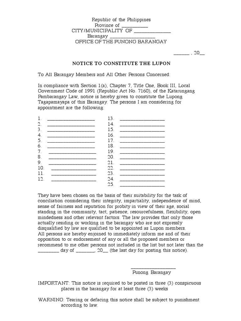 Notice To Constitute The Lupon: Katarungang Pambarangay | PDF | Oath Of ...