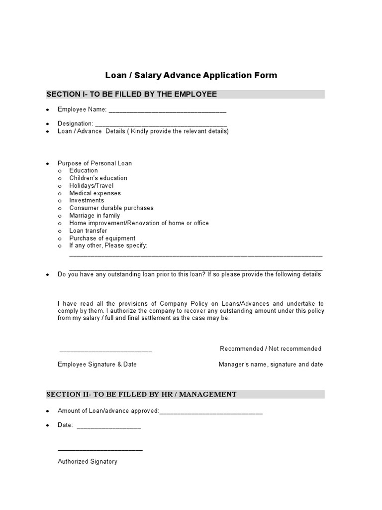 Loan / Salary Advance Application Form: Section I-To Be Filled by The ...
