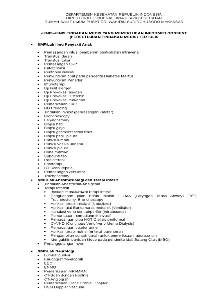 Jenis Tindakan Yang Memerlukan Informed Consent Tertulis | PDF | Sains ...