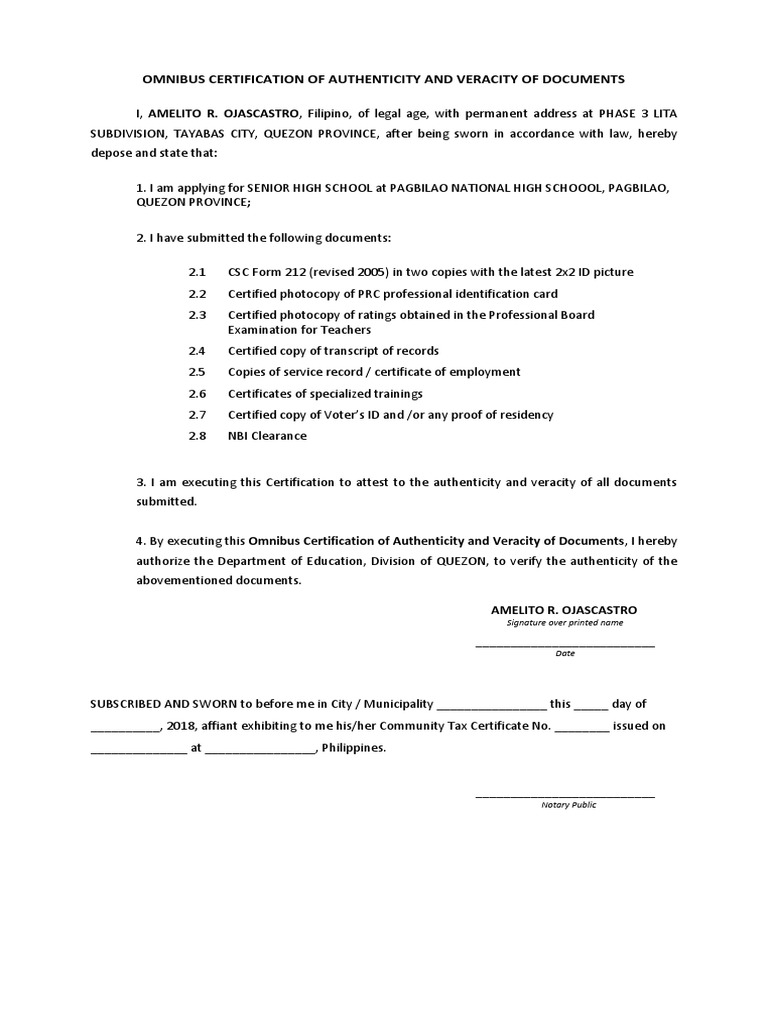 Omnibus Certification for School Application | PDF