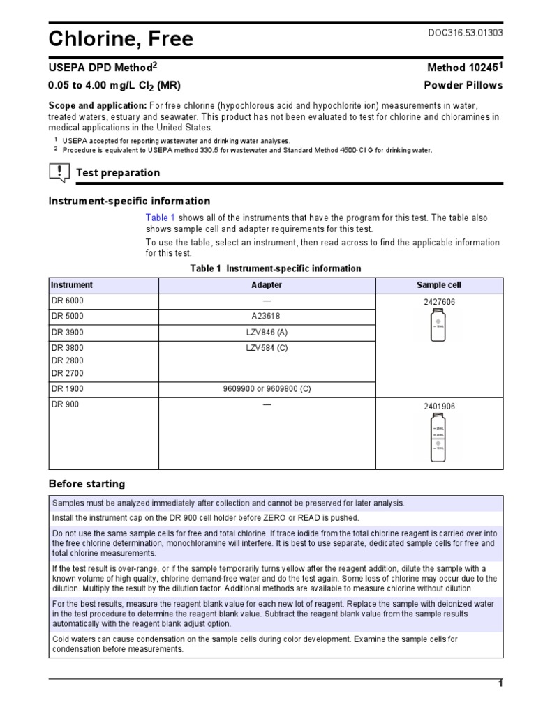 Chlorine, Free: Usepa DPD Method Method 10245 0.05 To 4.00 MG/L CL (MR ...
