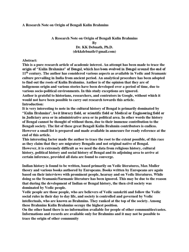 A Research Note On Origin of Bengali Kulin Brahmins | PDF | Devi ...