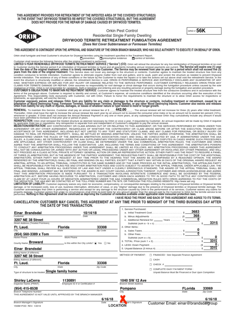 Drywood Termite Retreatment Fumigation Agreement: Orkin Pest Control ...