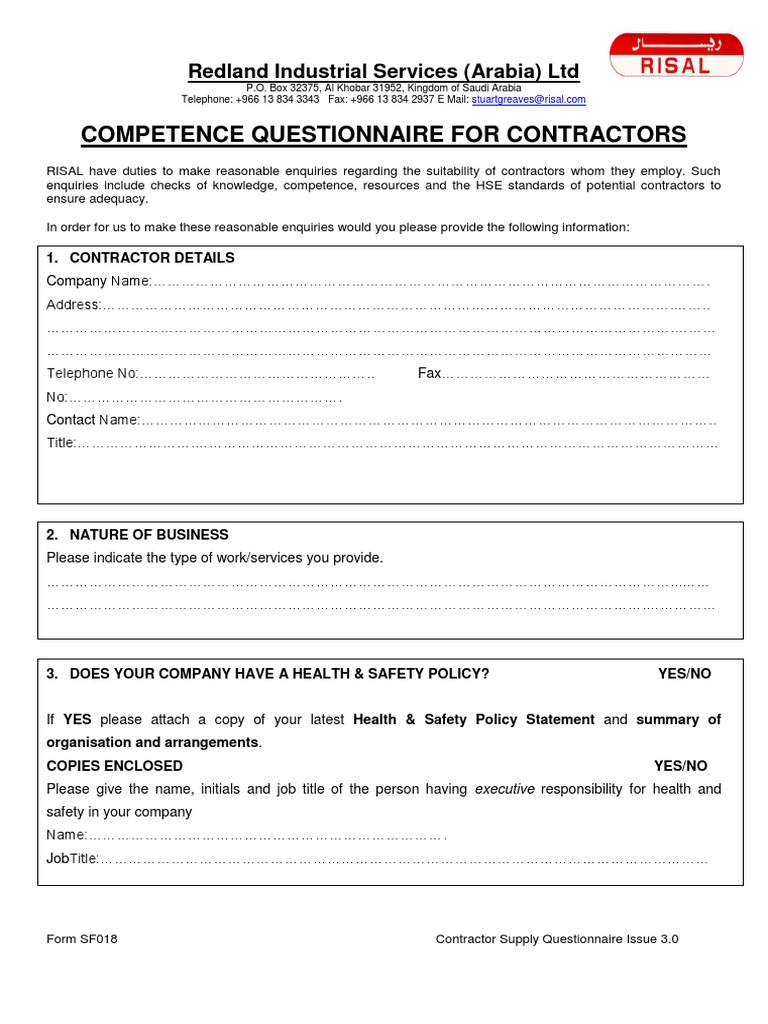 Contractor Questionnaire SF018 Issue 3 | PDF | Occupational Safety And ...