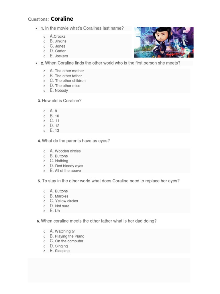 Coraline The Movie Questions | PDF | Leisure