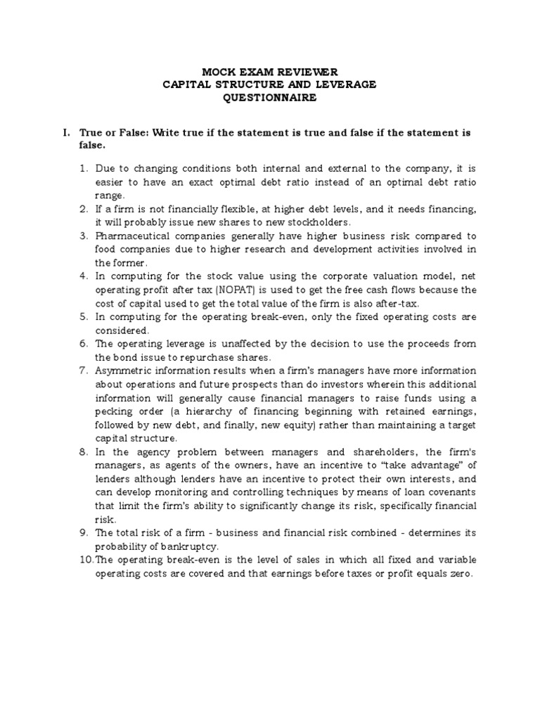 Mock Exam Reviewer Questionnaire | PDF | Capital Structure | Leverage ...