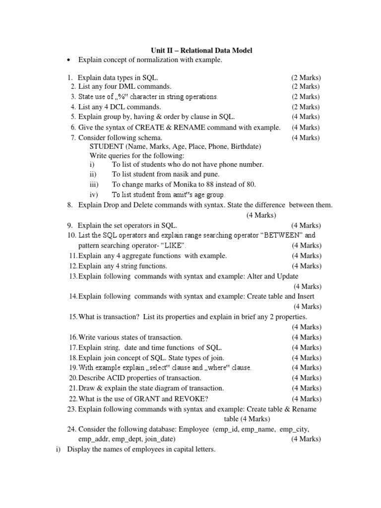 Dms Unit 2 Question Bank | PDF | Database Transaction | Sql