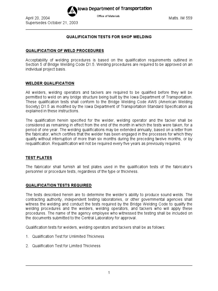 Qualification Tests For Shop Welding: Office of Materials | PDF ...
